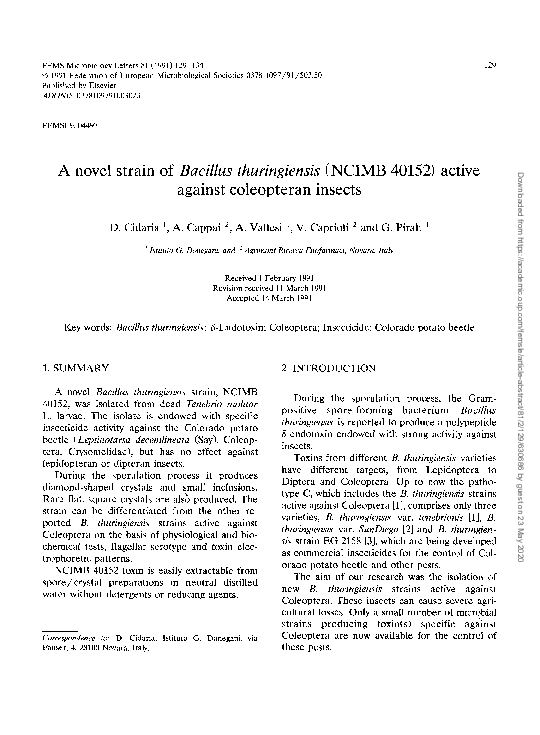 Pdf A Novel Strain Of Bacillus Thuringiensis Ncimb 40152 Active