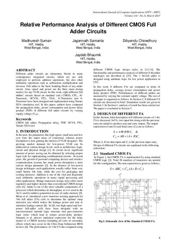 Pdf Relative Performance Analysis Of Different Cmos Full Adder Circuits