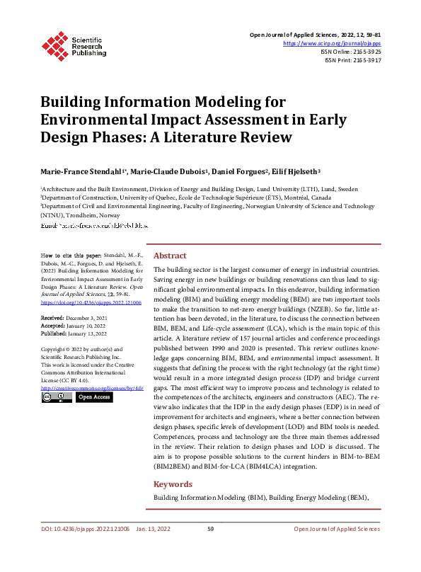 (PDF) Building Information Modeling for Environmental Impact Assessment in Early Design Phases ...