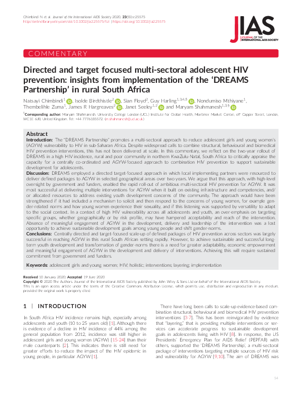 (PDF) Directed and target focused multi‐sectoral adolescent HIV prevention: Insights from ...