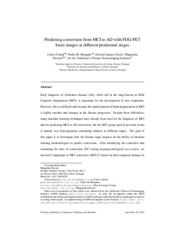 (PDF) Predicting conversion from MCI to AD with FDG-PET brain images at different prodromal stages