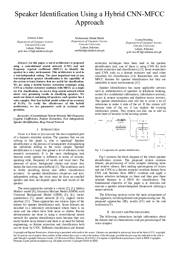 (PDF) Speaker Identification Using a Hybrid CNN-MFCC Approach