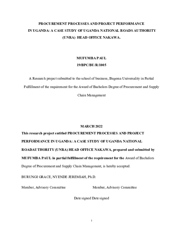 (DOC) PROCUREMENT PROCESSES AND PROJECT PERFORMANCE IN UGANDA: A CASE ...
