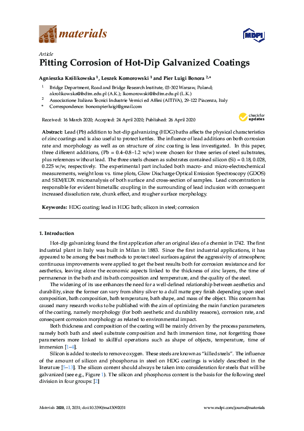 (PDF) Pitting Corrosion of Hot-Dip Galvanized Coatings