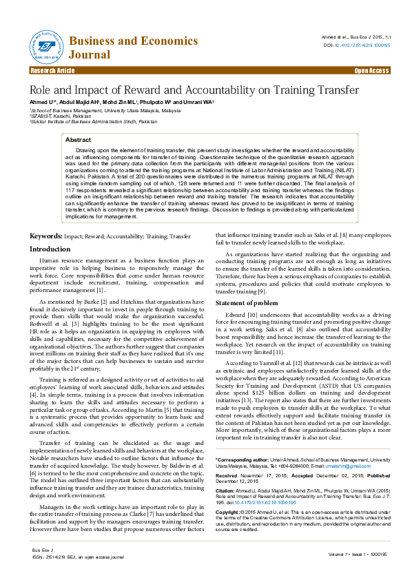 (PDF) Role and Impact of Reward and Accountability on Training Transfer