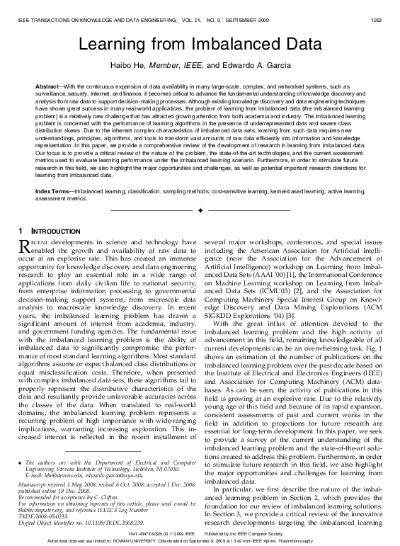 Pdf Learning From Imbalanced Data