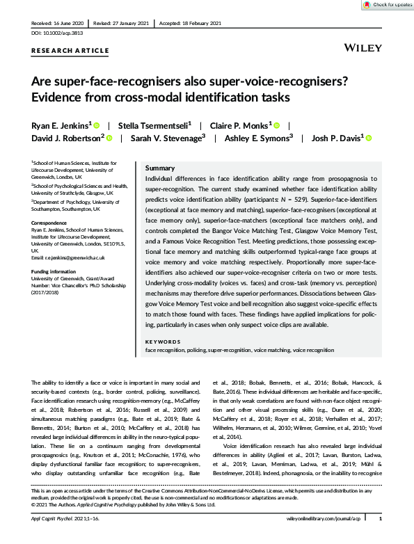 (PDF) Are super‐face‐recognisers also super‐voice‐recognisers? Evidence from cross‐modal ...
