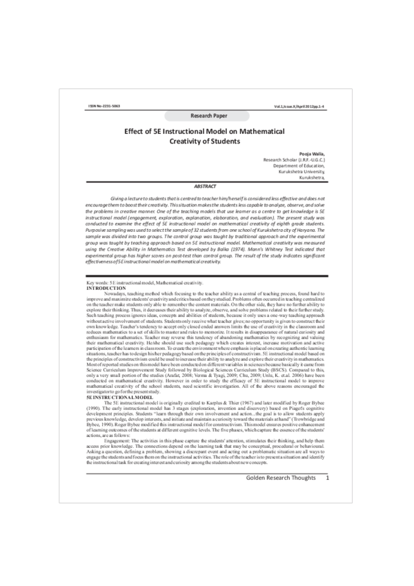 Pdf Effect Of 5e Instructional Model On Mathematical Creativity Of