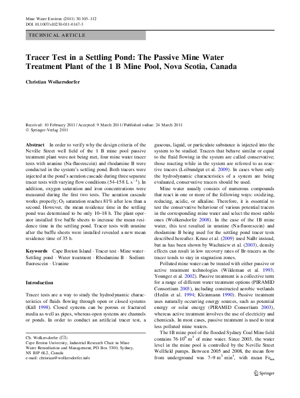 (PDF) Tracer Test in a Settling Pond: The Passive Mine Water Treatment ...