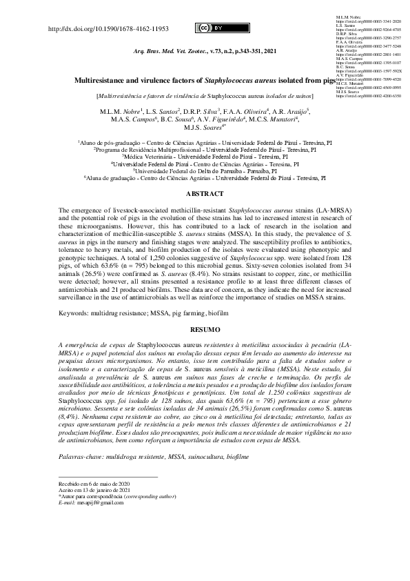 (PDF) Multiresistance and virulence factors of Staphylococcus aureus isolated from pigs