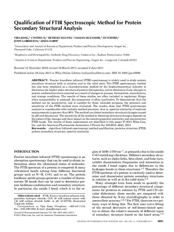 Pdf Qualification Of Ftir Spectroscopic Method For Protein Secondary