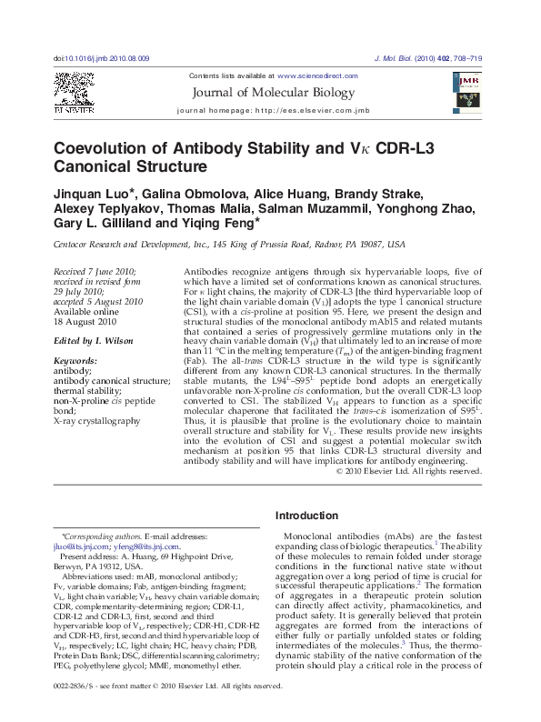 (PDF) Coevolution of Antibody Stability and Vκ CDR-L3 Canonical Structure