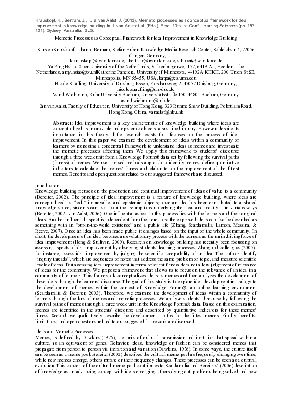 Pdf Memetic Processes As Conceptual Framework For Idea Improvement In Knowledge Building
