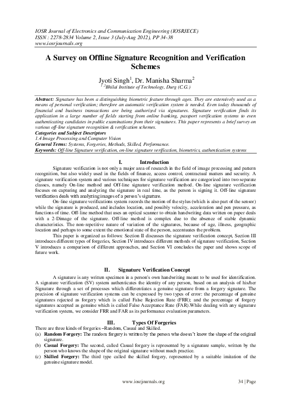 (PDF) A Survey on Offline Signature Recognition and Verification Schemes