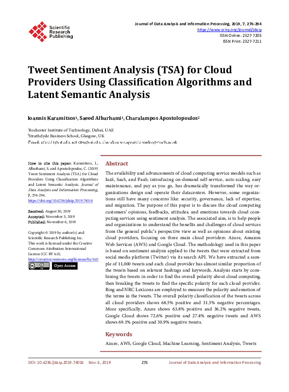 (PDF) Tweet Sentiment Analysis (TSA) for Cloud Providers Using Classification Algorithms and ...