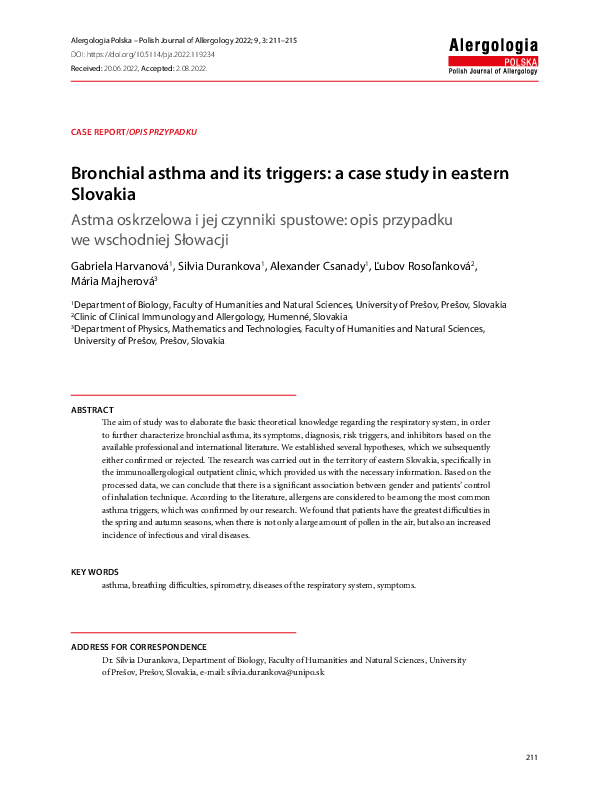 (PDF) Bronchial asthma and its triggers: a case study in eastern Slovakia