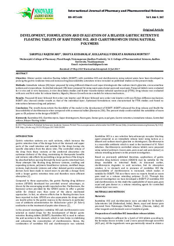 Pdf Development Formulation And Evaluation Of A Bilayer Gastric Retentive Floating Tablets Of