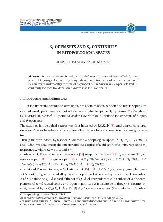 (PDF) Si-open sets ans Si-continuity in bitopological spaces