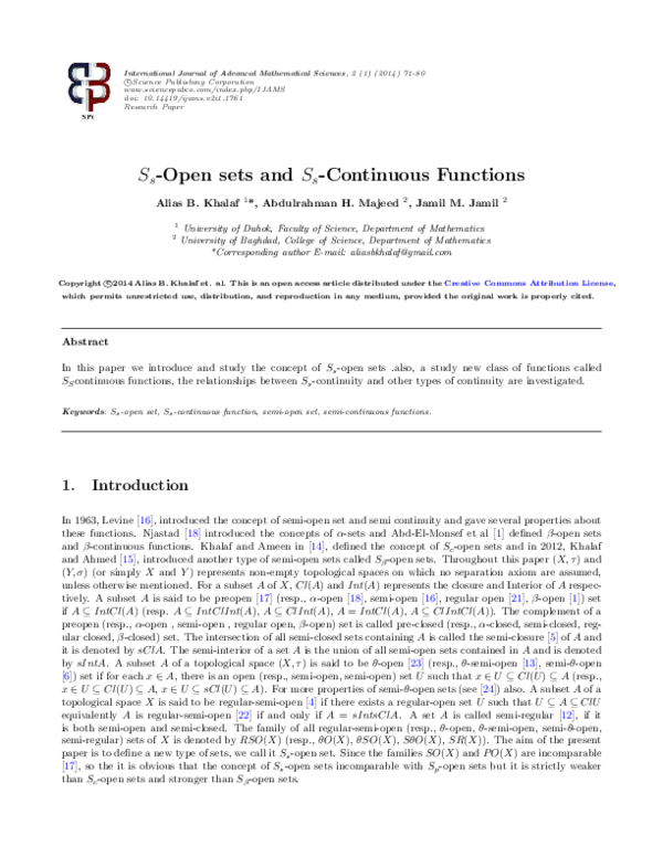 (PDF) Ss-Open sets and Ss-Continuous Functions | Alias B. Khalaf - Academia.edu