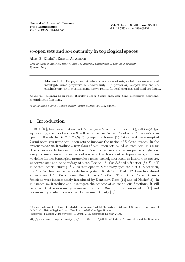 (PDF) SC-Open Sets and SC-Continuity in Topological Spaces