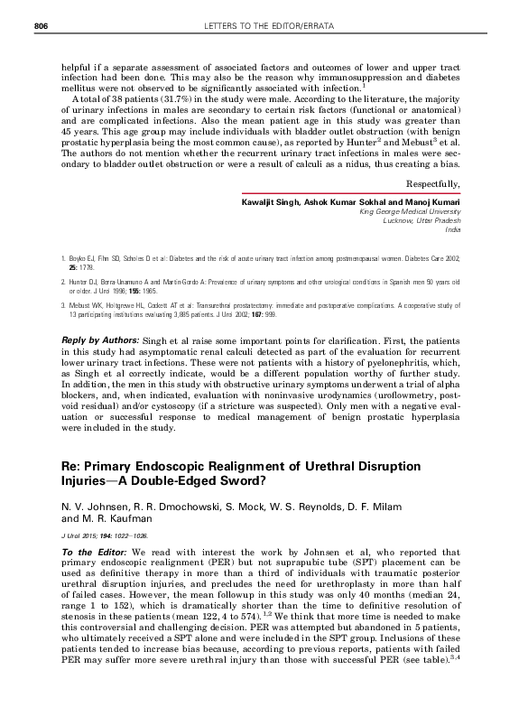 (PDF) Re: Primary Endoscopic Realignment of Urethral Disruption ...