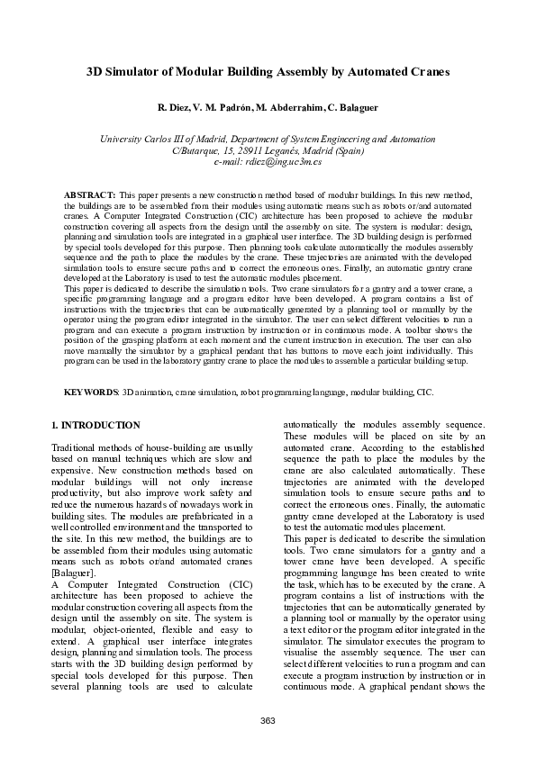 (PDF) 3D Simulator of Modular Building Assembly by Automated Cranes