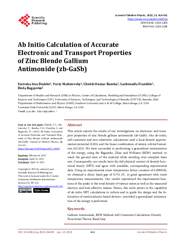 (PDF) Ab Initio Calculation of Accurate Electronic and Transport Properties of Zinc Blende ...