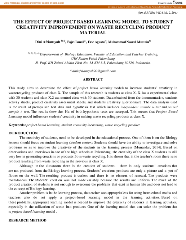(PDF) The Effect of Project Based Learning Model to Student Creativity Improvement on Waste ...