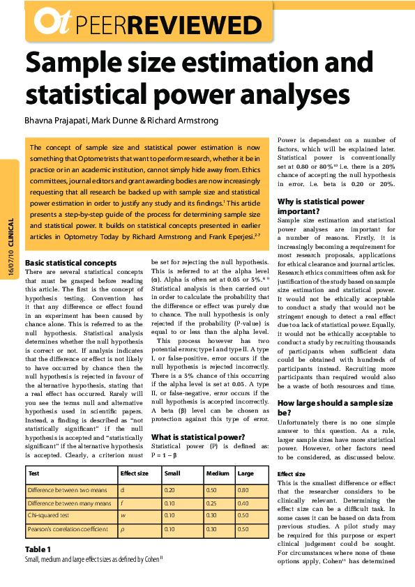 (PDF) Sample Size Estimation and Statistical Power Analyses