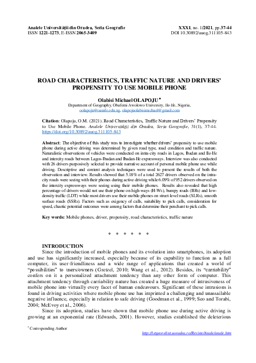 (PDF) Road Characteristics, Traffic Nature and Drivers’ Propensity to ...