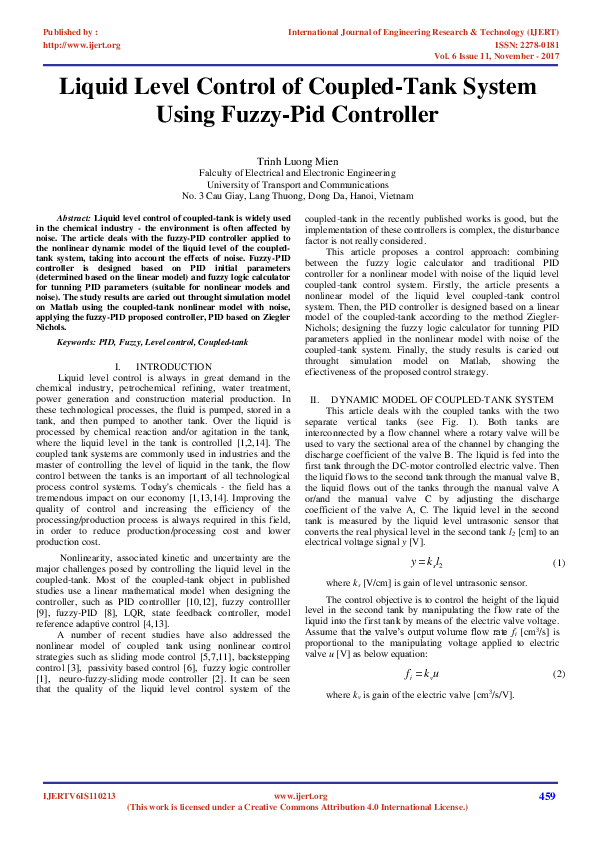 (PDF) Liquid Level Control of Coupled-Tank System Using Fuzzy-Pid Controller
