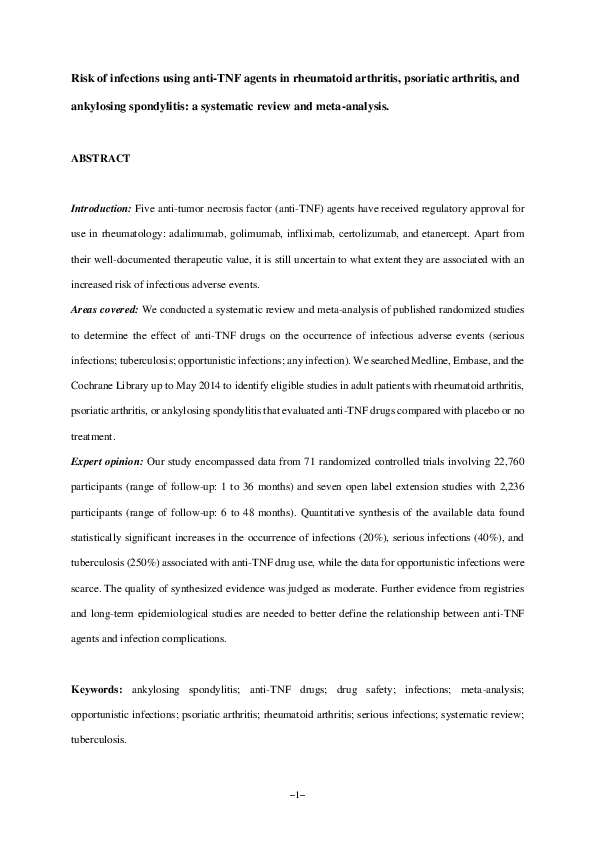(PDF) Risk of infections using anti-TNF agents in rheumatoid arthritis, psoriatic arthritis, and ...