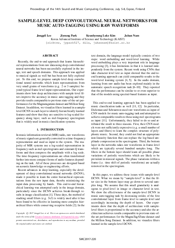 (PDF) Sample-Level Deep Convolutional Neural Networks For Music Auto-Tagging Using Raw Waveforms