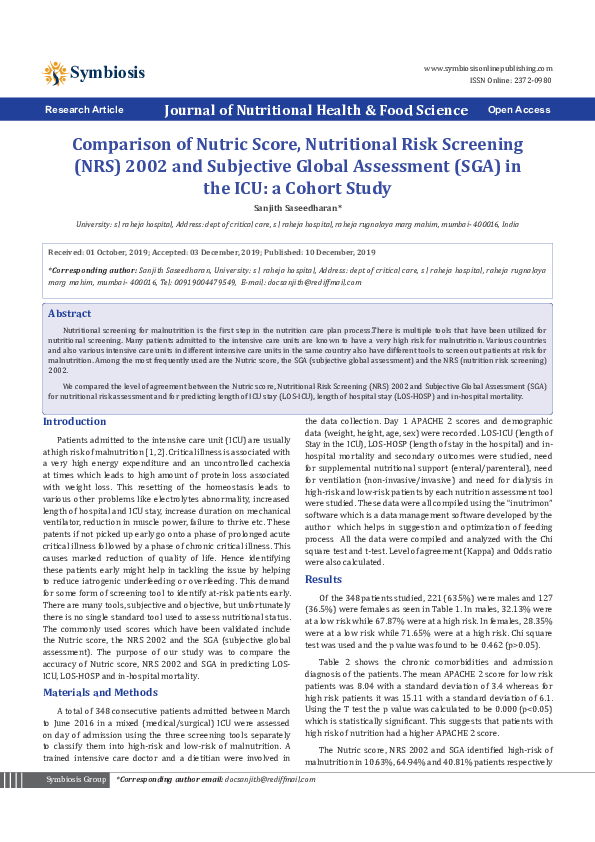 Pdf Comparison Of Nutric Score Nutritional Risk Screening Nrs 2002