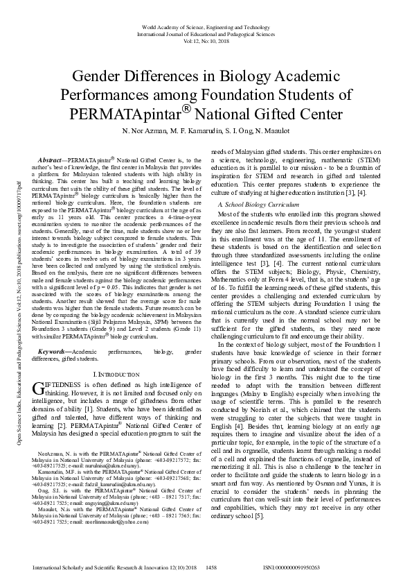 (PDF) Gender Differences In Biology Academic Performances Among ...