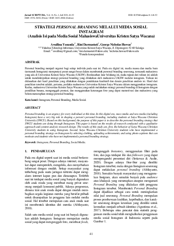 (PDF) STRATEGI PERSONAL BRANDING MELALUI MEDIA SOSIAL INSTAGRAM (Analisis Isi pada Media Sosial ...