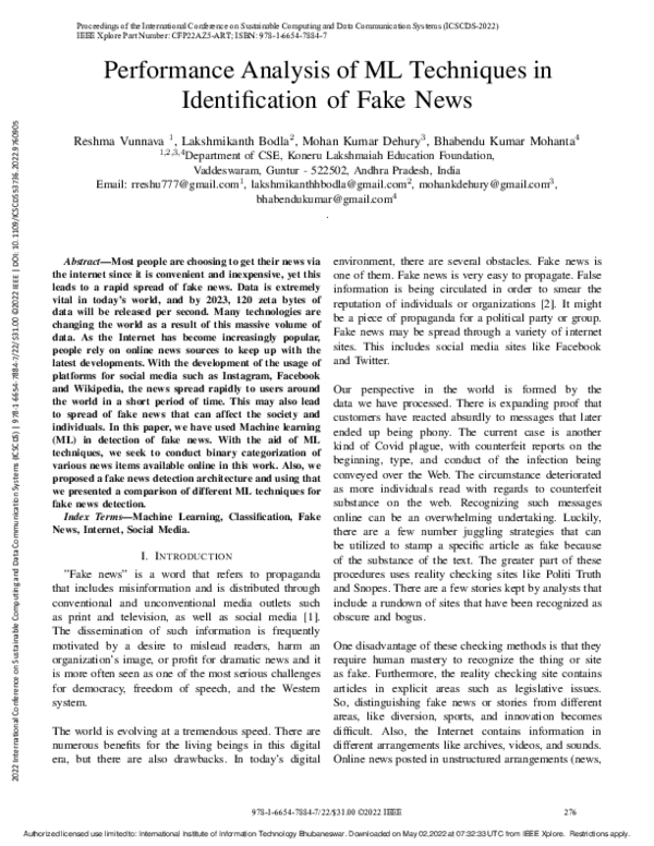 (PDF) Performance Analysis of ML Techniques in Identification of Fake News
