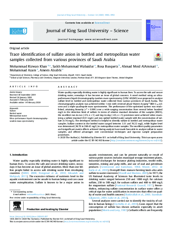 Pdf Trace Identification Of Sulfate Anion In Bottled And Metropolitan