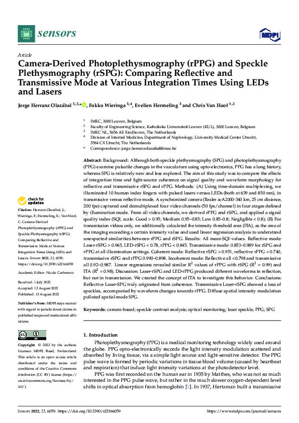 (PDF) Camera-Derived Photoplethysmography (rPPG) and Speckle ...