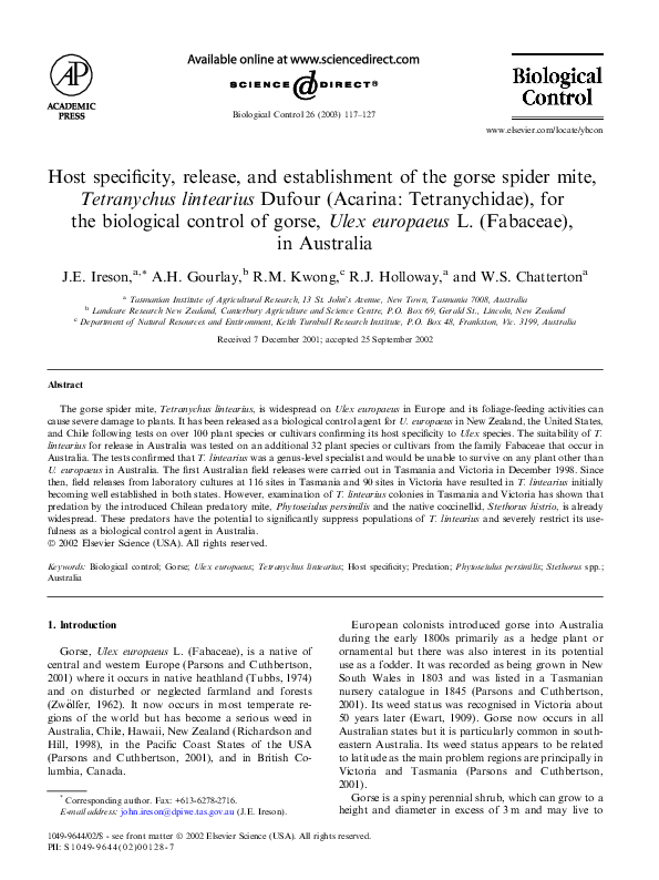 (PDF) Host specificity, release, and establishment of the gorse spider ...