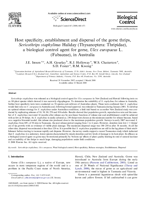 (PDF) Host specificity, establishment and dispersal of the gorse thrips ...