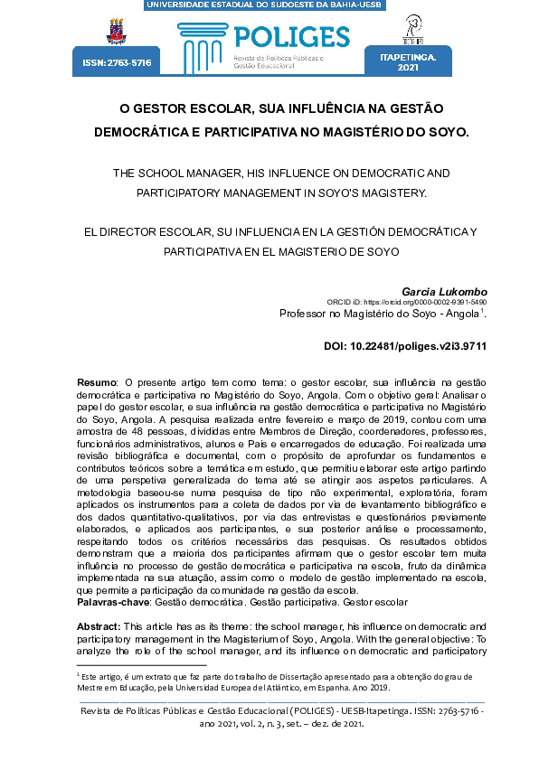 (PDF) O Gestor escolar, sua influência na gestão democrática e participativa no magistério do Soyo
