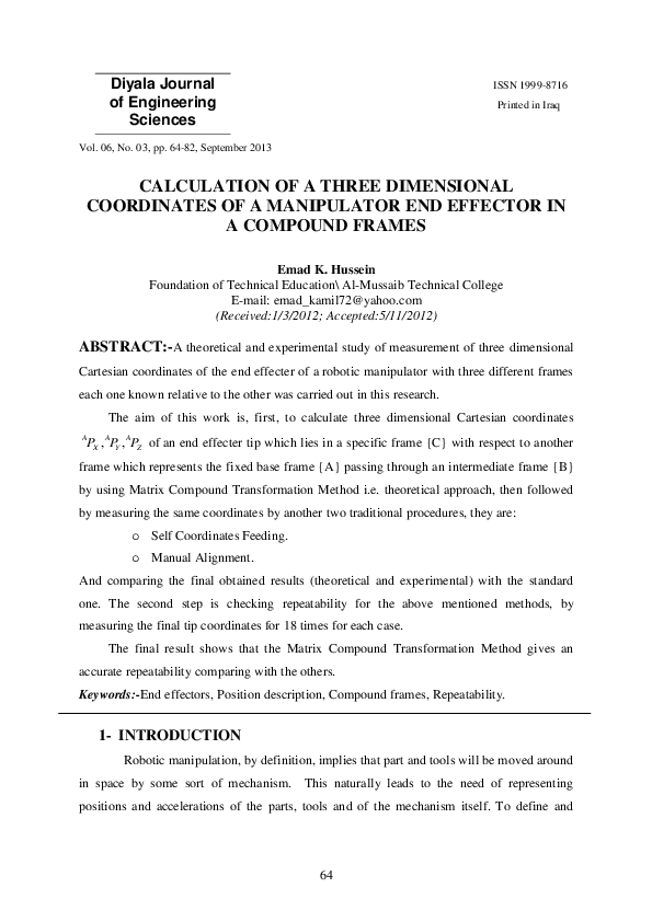 Pdf Calculation Of A Three Dimensional Coordinates Of A Manipulator End Effector In A Compound