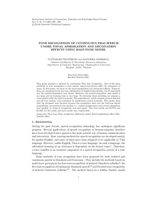 (PDF) Tone Recognition of Continuous Thai Speech Under Tonal ...
