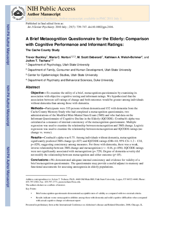 (PDF) A brief metacognition questionnaire for the elderly: comparison ...