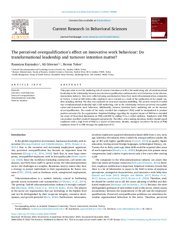 (PDF) The perceived overqualification’s effect on innovative work behaviour: Do transformational ...