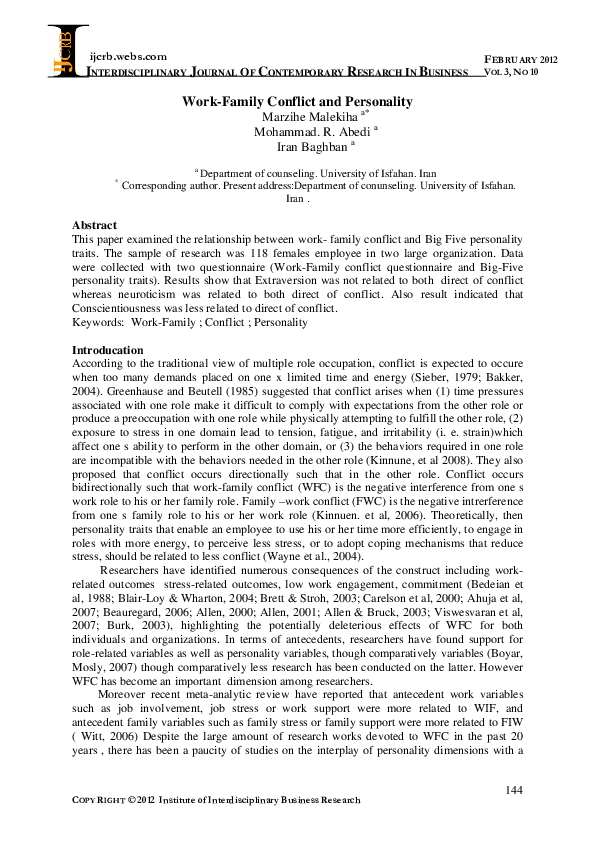 (PDF) Work-Family Conflict and Personality