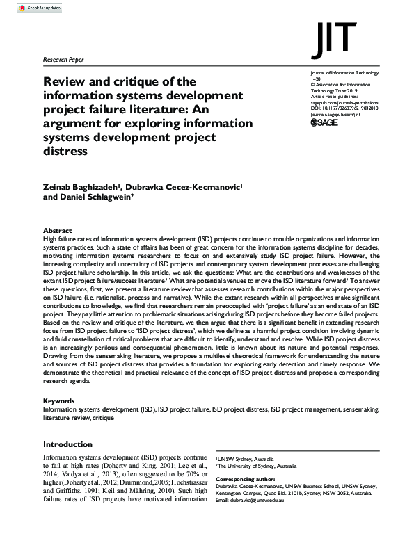 (PDF) Review and critique of the information systems development project failure literature: An ...