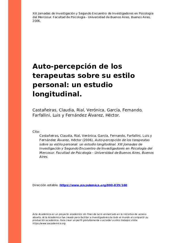 (PDF) Auto-Percepción De Los Terapeutas Sobre Su Estilo Personal: Un Estudio Longitudinal | Luis ...