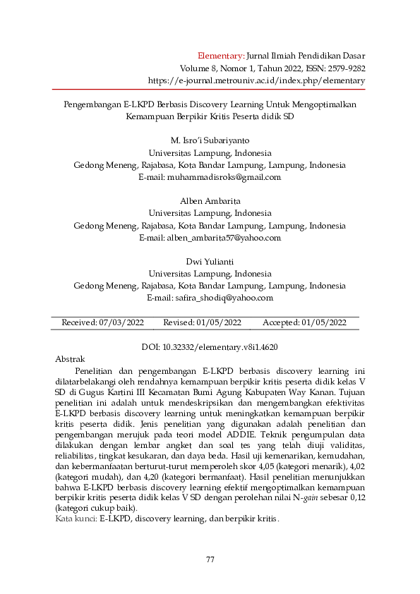(PDF) Pengembangan E-LKPD Berbasis Discovery Learning Untuk Mengoptimalkan Kemampuan Berpikir ...